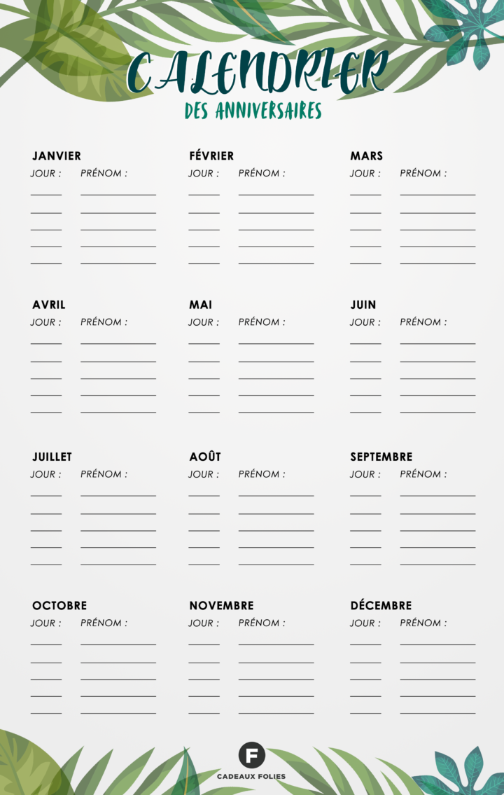 Calendrier Des Anniversaires Imprimer